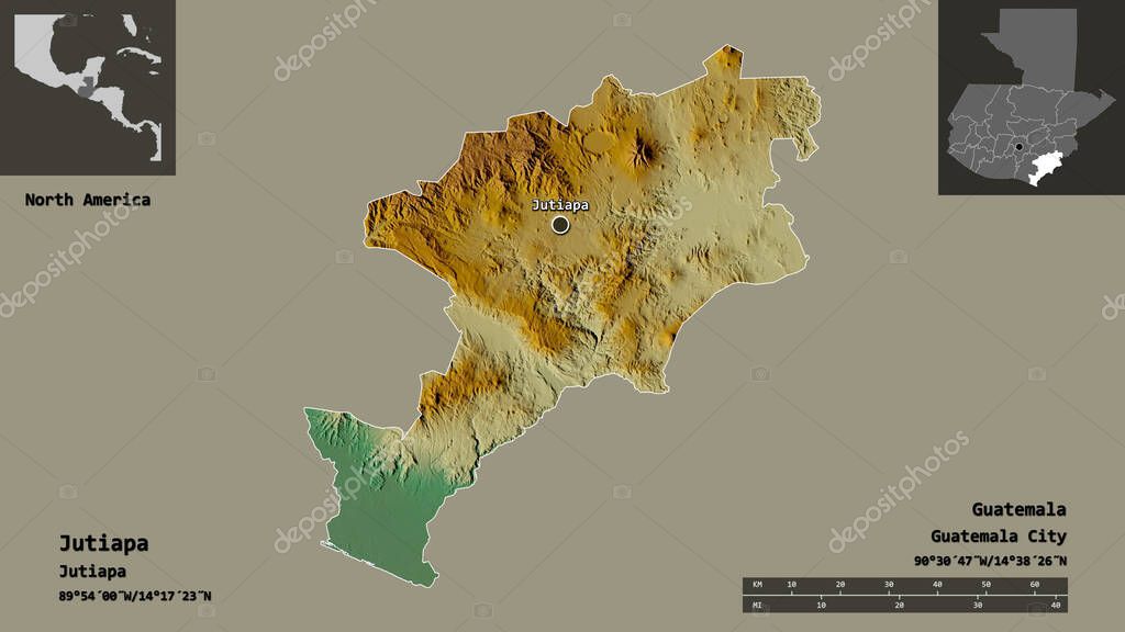 Forma de Jutiapa, departamento de Guatemala, y su capital. Escala de ...