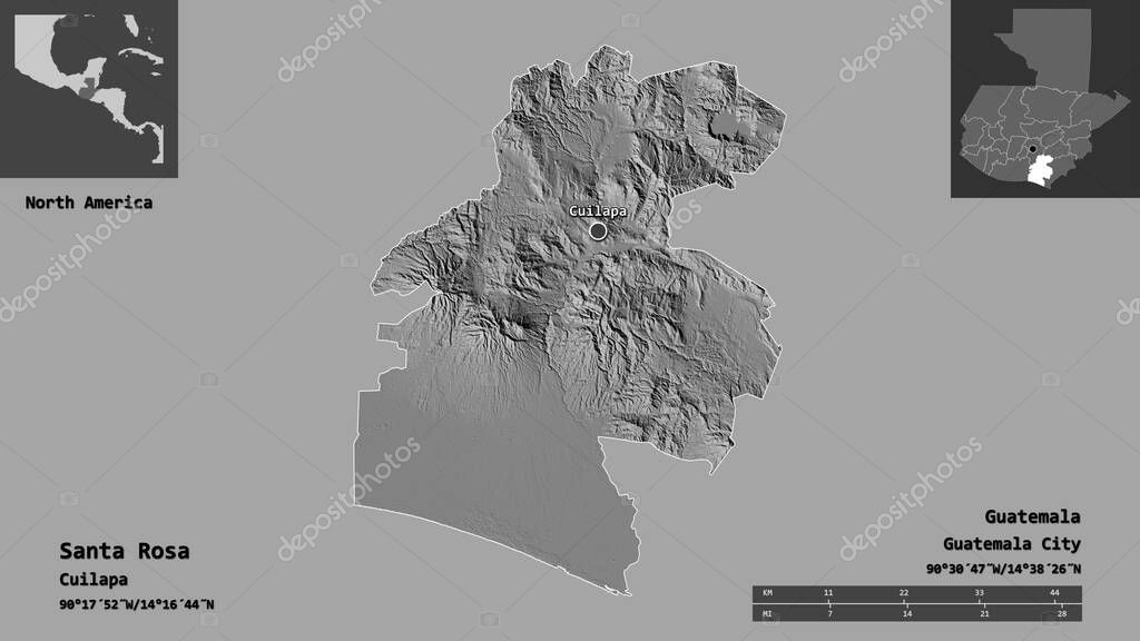 Forma de Santa Rosa, departamento de Guatemala, y su capital. Escala de ...