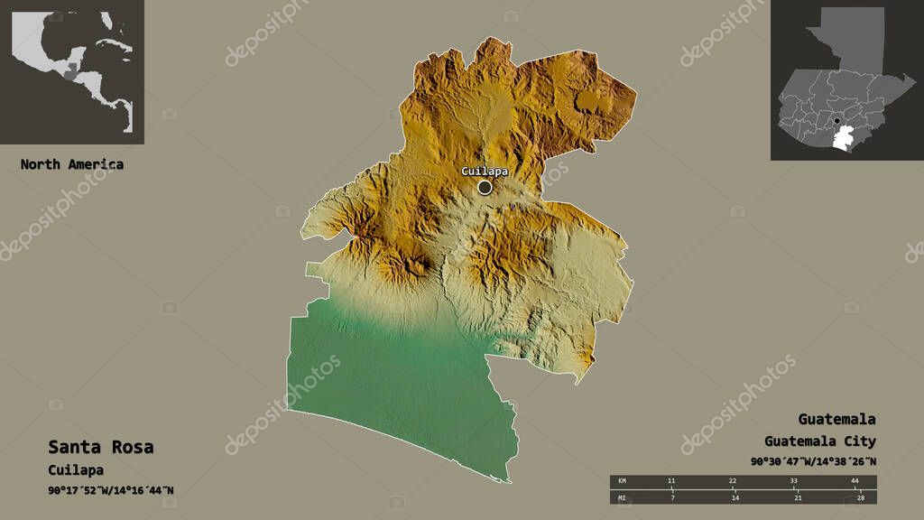 Forma de Santa Rosa, departamento de Guatemala, y su capital. Escala de ...