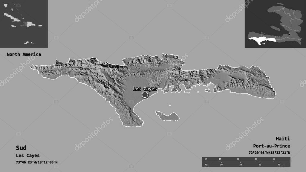 Shape of Sud, departamento de Haití, y su capital. Escala de distancia ...