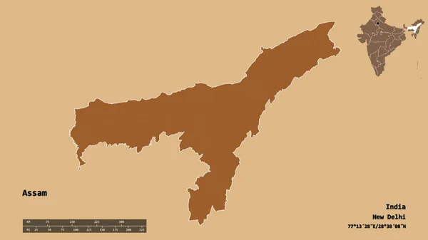 Shape of Assam, state of India, with its capital isolated on solid ...