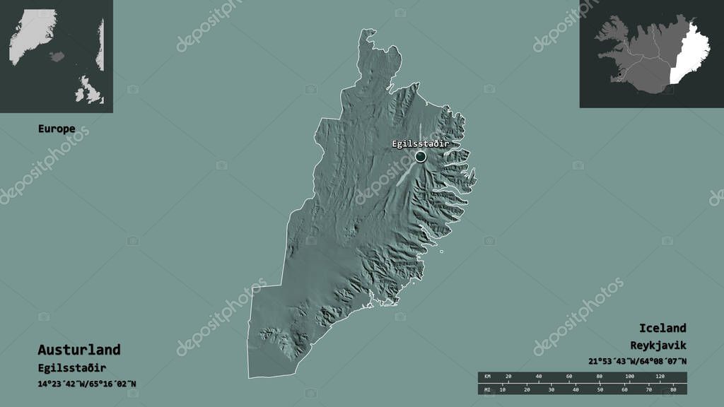 Forma de Austurland, región de Islandia, y su capital. Escala de distancia, vistas previas y ...