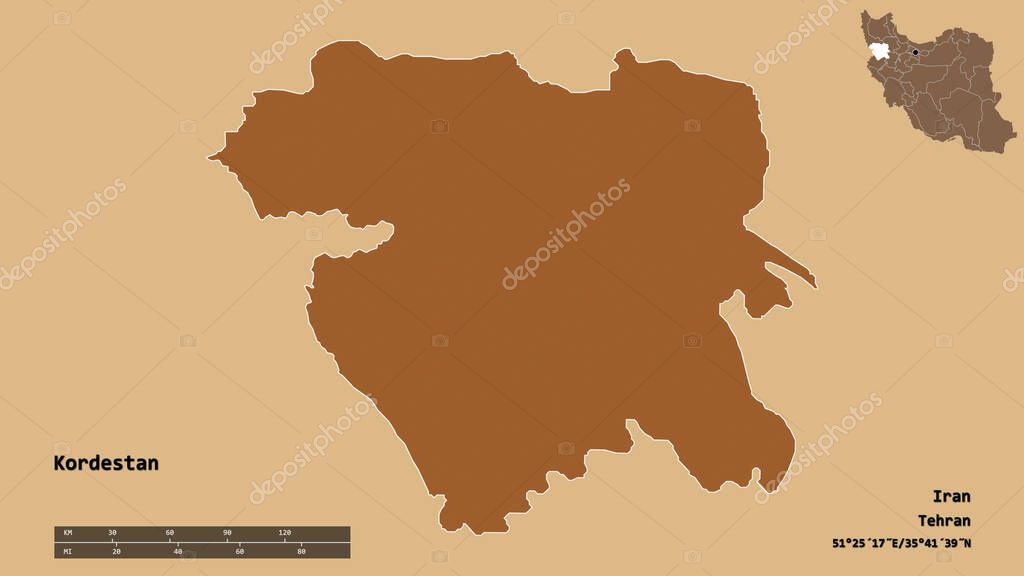 Forma de Kordestan, provincia de Irán, con su capital aislada sobre un ...