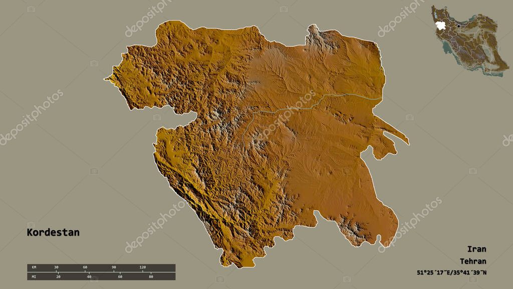Forma de Kordestan, provincia de Irán, con su capital aislada sobre un ...