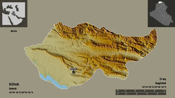 Shape of Dihok, province of Iraq, and its capital. Distance scale, previews and labels ...
