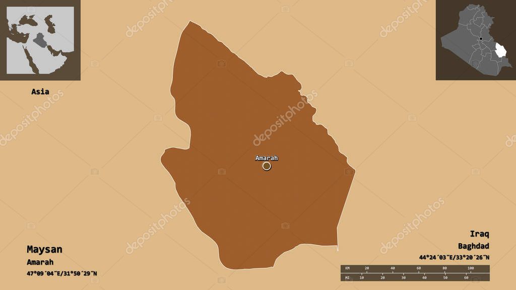 Forma de Maysan, provincia de Irak, y su capital. Escala de distancia ...