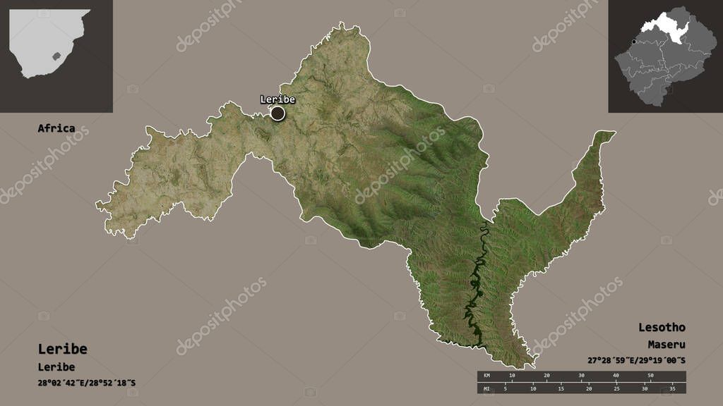 Forma de Leribe, distrito de Lesotho, y su capital. Escala de distancia ...