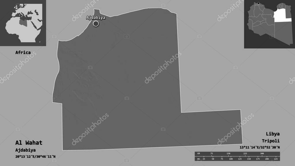 Forma de Al Wahat, distrito de Libia, y su capital. Escala de distancia ...