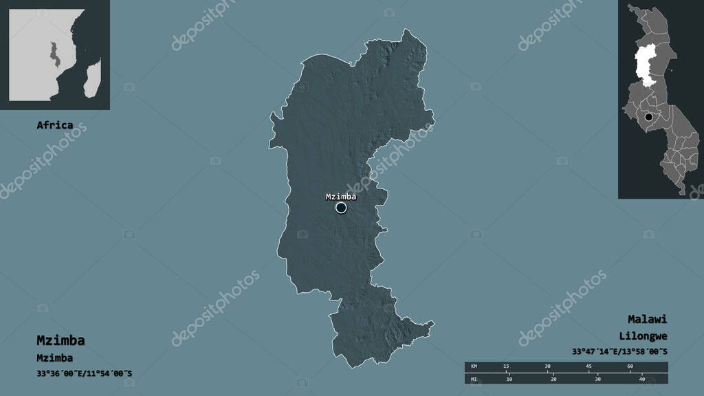 Forma de Mzimba, distrito de Malawi, y su capital. Escala de distancia ...