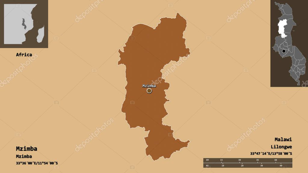 Forma de Mzimba, distrito de Malawi, y su capital. Escala de distancia ...
