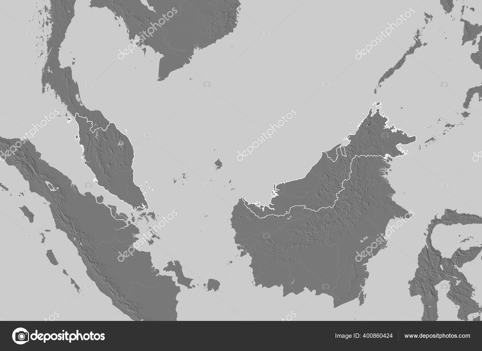 Extended Area Outlined Malaysia Bilevel Elevation Map Rendering Stock ...