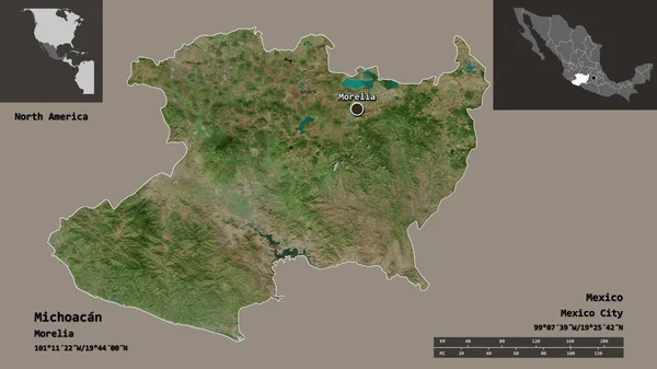 Shape of Michoacan, state of Mexico, and its capital. Distance scale ...