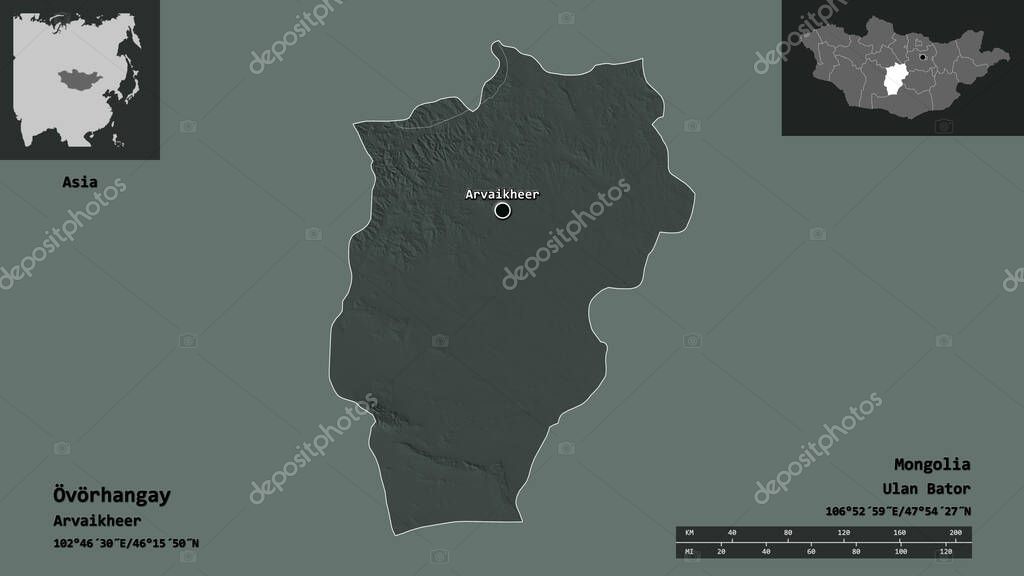 Forma de Ovorhangay, provincia de Mongolia, y su capital. Escala de ...
