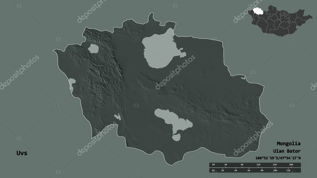 Forma de Uvs, provincia de Mongolia, con su capital aislada sobre un ...