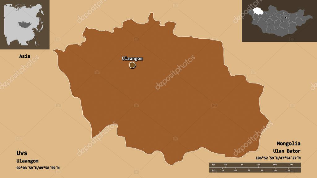 Forma de los Uvs, provincia de Mongolia, y su capital. Escala de ...