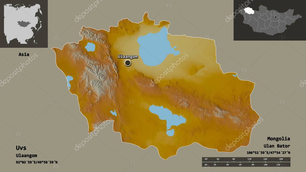 Forma de los Uvs, provincia de Mongolia, y su capital. Escala de ...