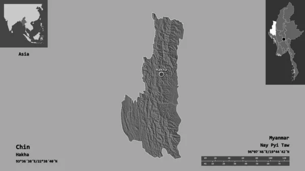Shape of Chin, state of Myanmar, and its capital. Distance scale ...