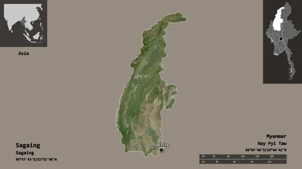 Shape of Sagaing, division of Myanmar, and its capital. Distance scale ...