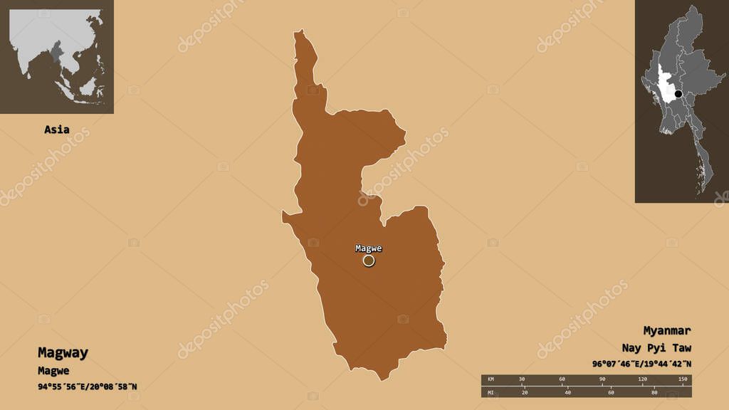 Shape of Magway, división de Myanmar, y su capital. Escala de distancia ...