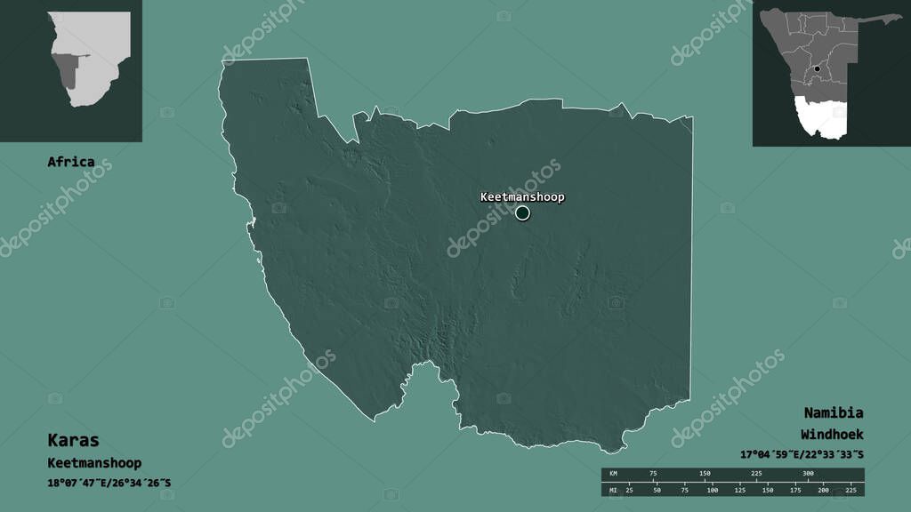 Forma de Karas, región de Namibia, y su capital. Escala de distancia ...