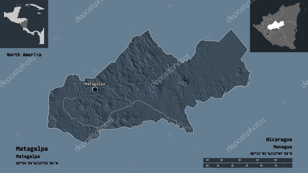 Forma de Matagalpa, departamento de Nicaragua, y su capital. Escala de ...