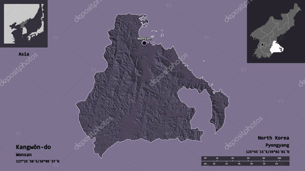 Forma de Kangwon-do, provincia de Corea del Norte, y su capital. Escala ...
