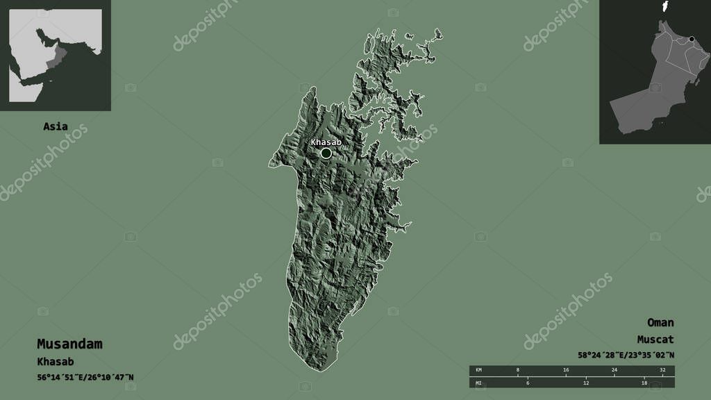 Forma de Musandam, provincia de Omán, y su capital. Escala de distancia ...