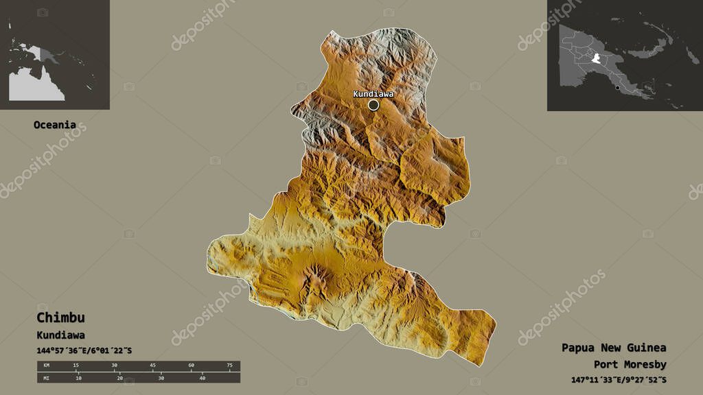 Forma de Chimbu, provincia de Papúa Nueva Guinea, y su capital. Escala ...