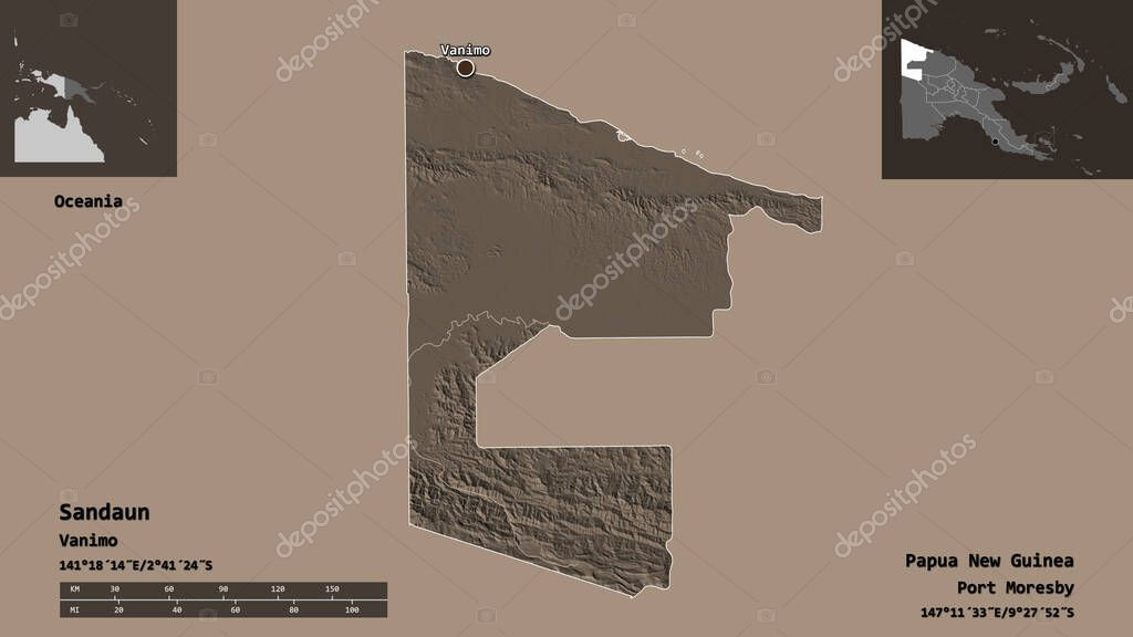 Forma de Sandaun, provincia de Papúa Nueva Guinea, y su capital. Escala ...