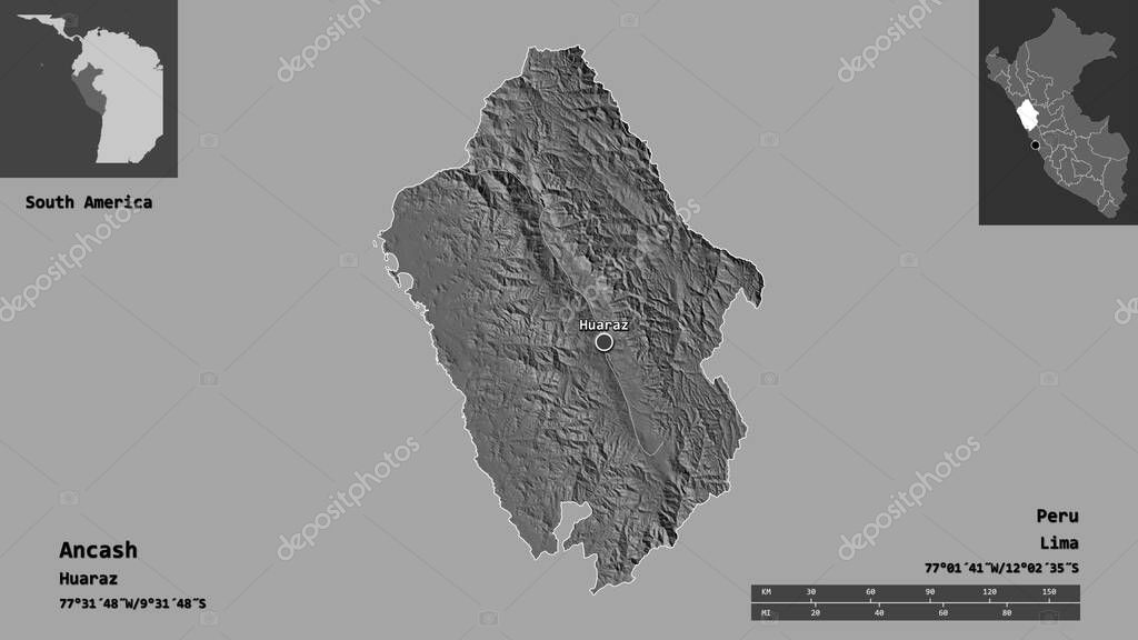 Forma de Ancash, región de Perú, y su capital. Escala de distancia ...
