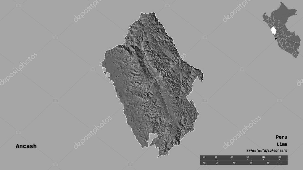 Forma de Ancash, región del Perú, con su capital aislada sobre fondo ...