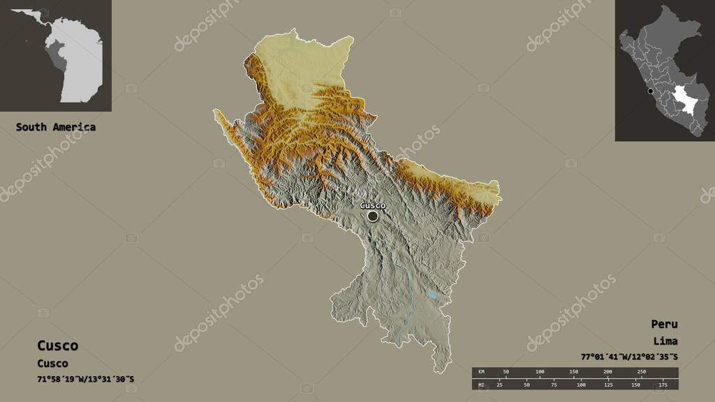 Forma del Cusco, región del Perú, y su capital. Escala de distancia, vistas previas y etiquetas ...
