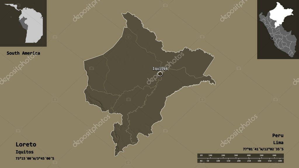 Forma de Loreto, regi n de Per , y su capital. Escala de distancia ...