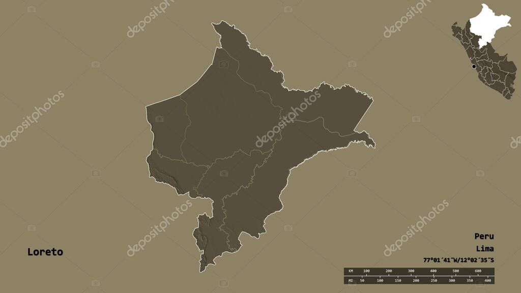 Forma de Loreto, región del Perú, con su capital aislada sobre fondo ...