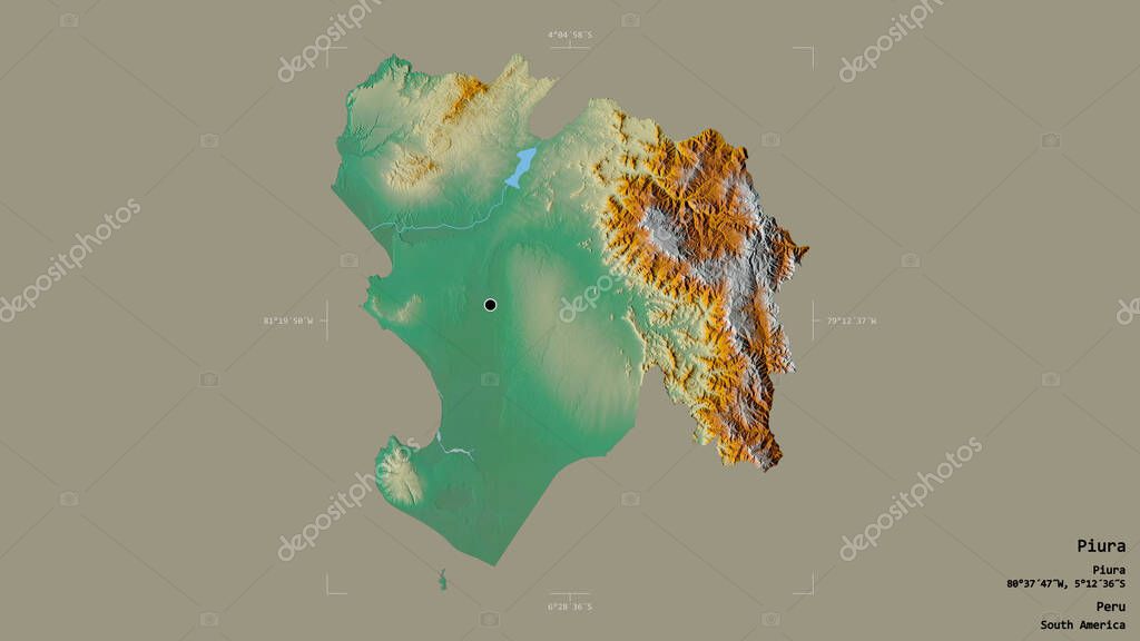 Zona de Piura, región del Perú, aislada sobre un fondo sólido en una ...