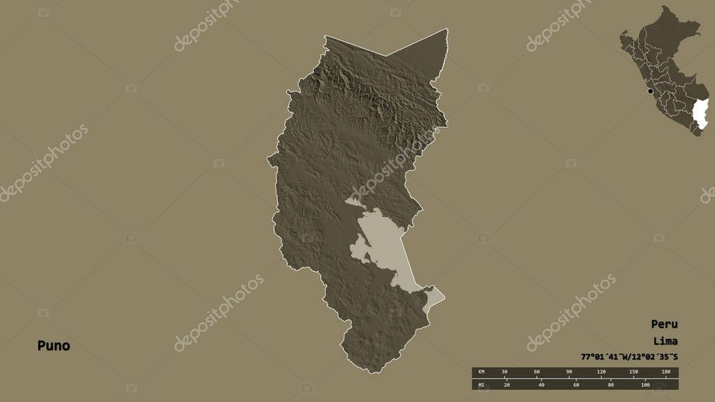 Forma de Puno, región del Perú, con su capital aislada sobre fondo ...