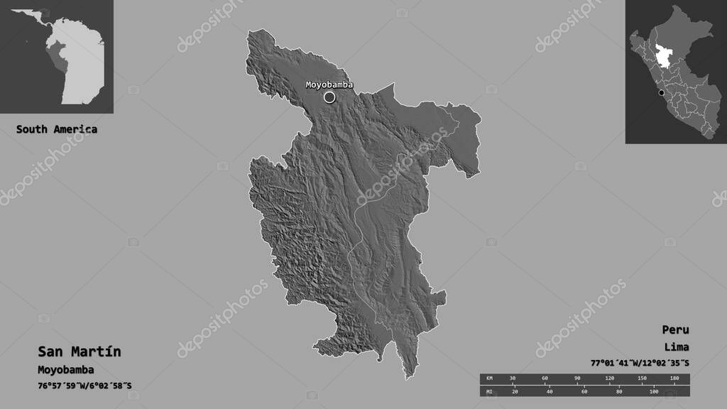 Forma de San Martín, región de Perú, y su capital. Escala de distancia ...