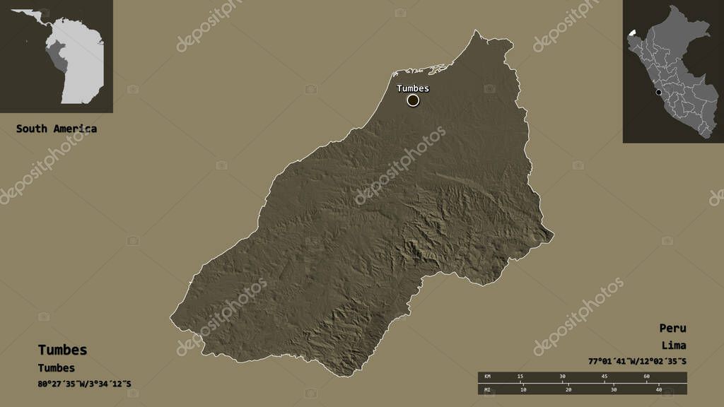 Forma de Tumbes, región de Perú, y su capital. Escala de distancia ...