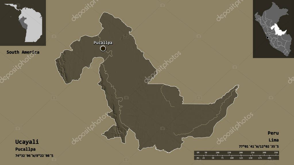 Forma de Ucayali, región de Perú, y su capital. Escala de distancia ...