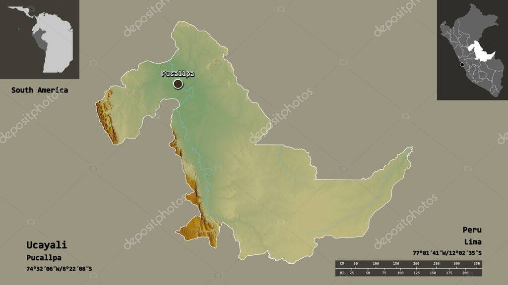 Forma de Ucayali, región de Perú, y su capital. Escala de distancia ...