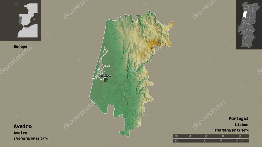 Forma de Aveiro, distrito de Portugal, y su capital. Escala de ...