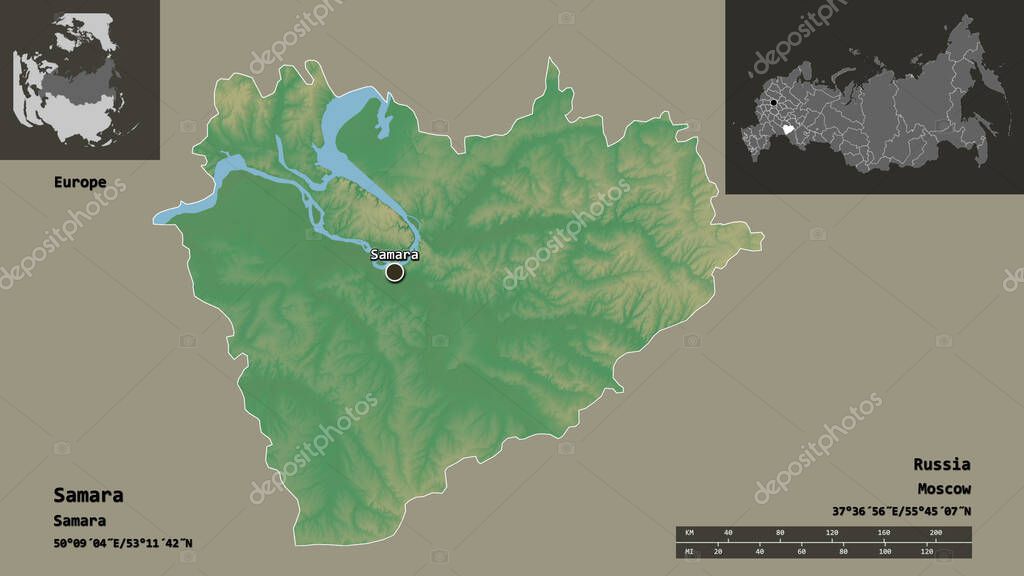 Forma de Samara, región de Rusia, y su capital. Escala de distancia ...