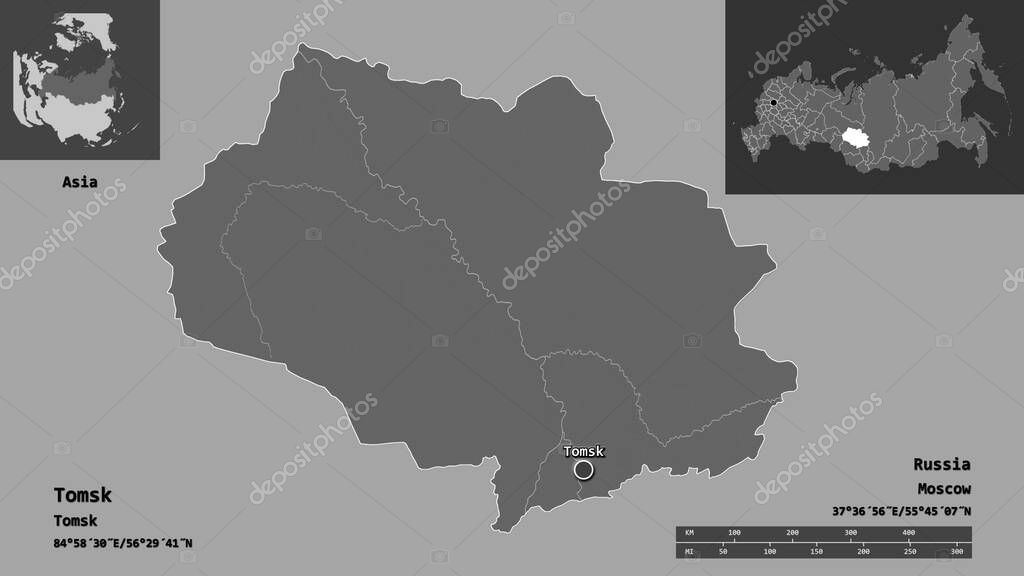 Forma de Tomsk, región de Rusia, y su capital. Escala de distancia ...