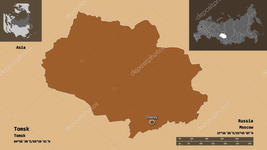 Forma de Tomsk, región de Rusia, y su capital. Escala de distancia ...