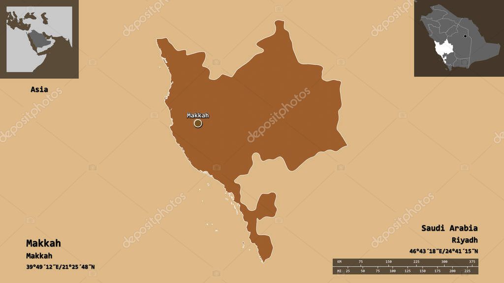 Forma de la Meca, región de Arabia Saudita, y su capital. Escala de ...