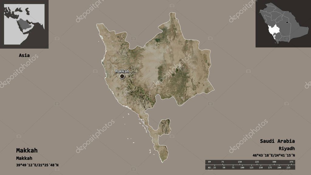 Forma de la Meca, región de Arabia Saudita, y su capital. Escala de ...