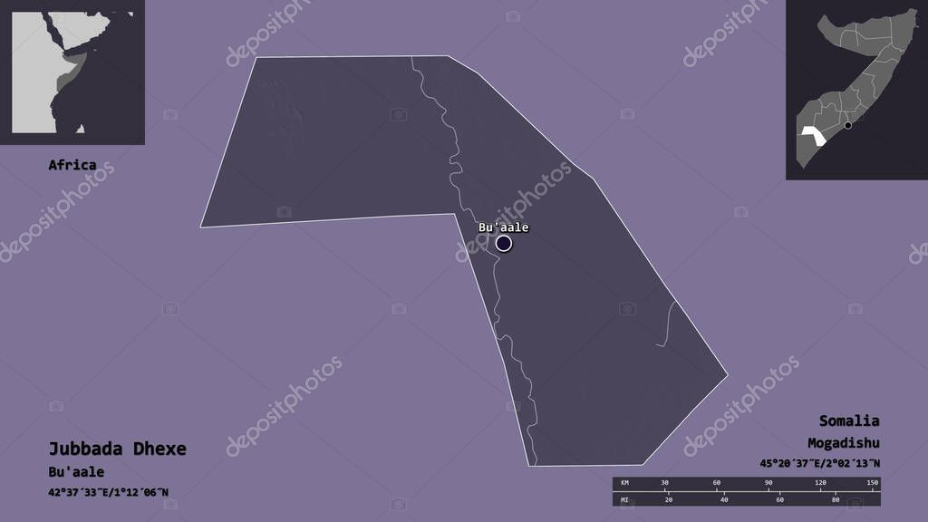 Forma de Jubbada Dhexe, región de Somalia, y su capital. Escala de ...