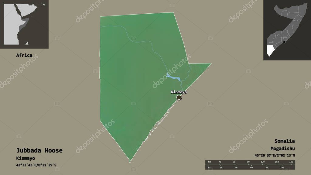 Forma de Jubbada Hoose, región de Somalia, y su capital. Escala de ...