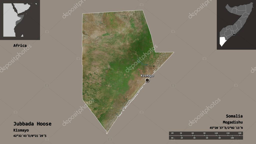 Forma de Jubbada Hoose, región de Somalia, y su capital. Escala de ...