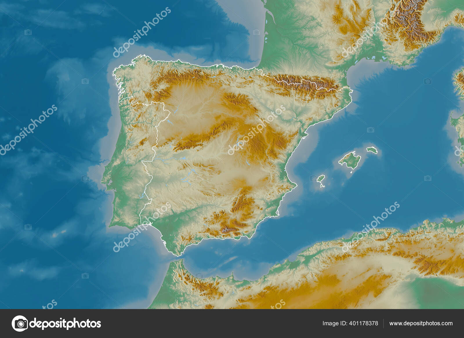 Extended Area Outlined Spain Topographic Relief Map Rendering — Stock ...